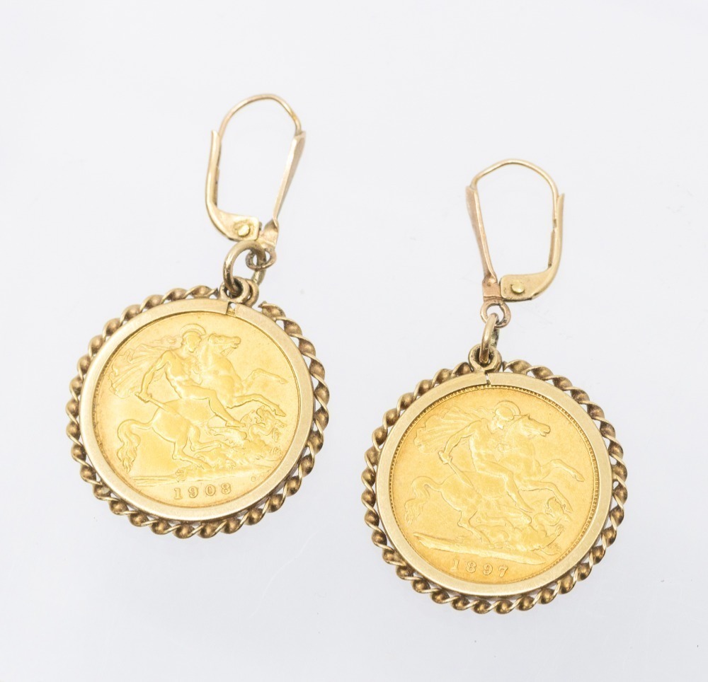 A pair of half sovereign coins mounted as earrings in 9ct gold ...