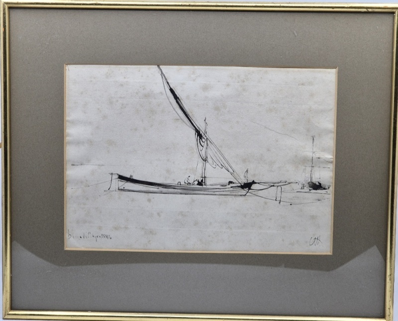 An early 20th century pen and ink study of a sailing vessel at shore ...