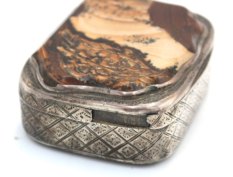 A George III silver and agate snuff box, of curved rectangular shape ...