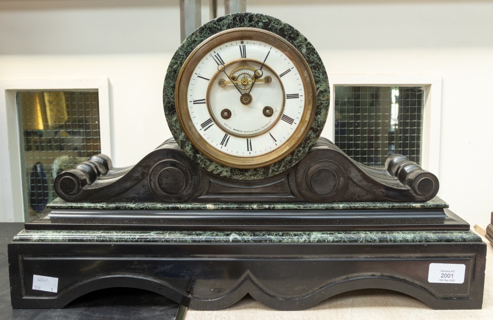 A late 19th Century French black slate 8 day open face mantle clock ...