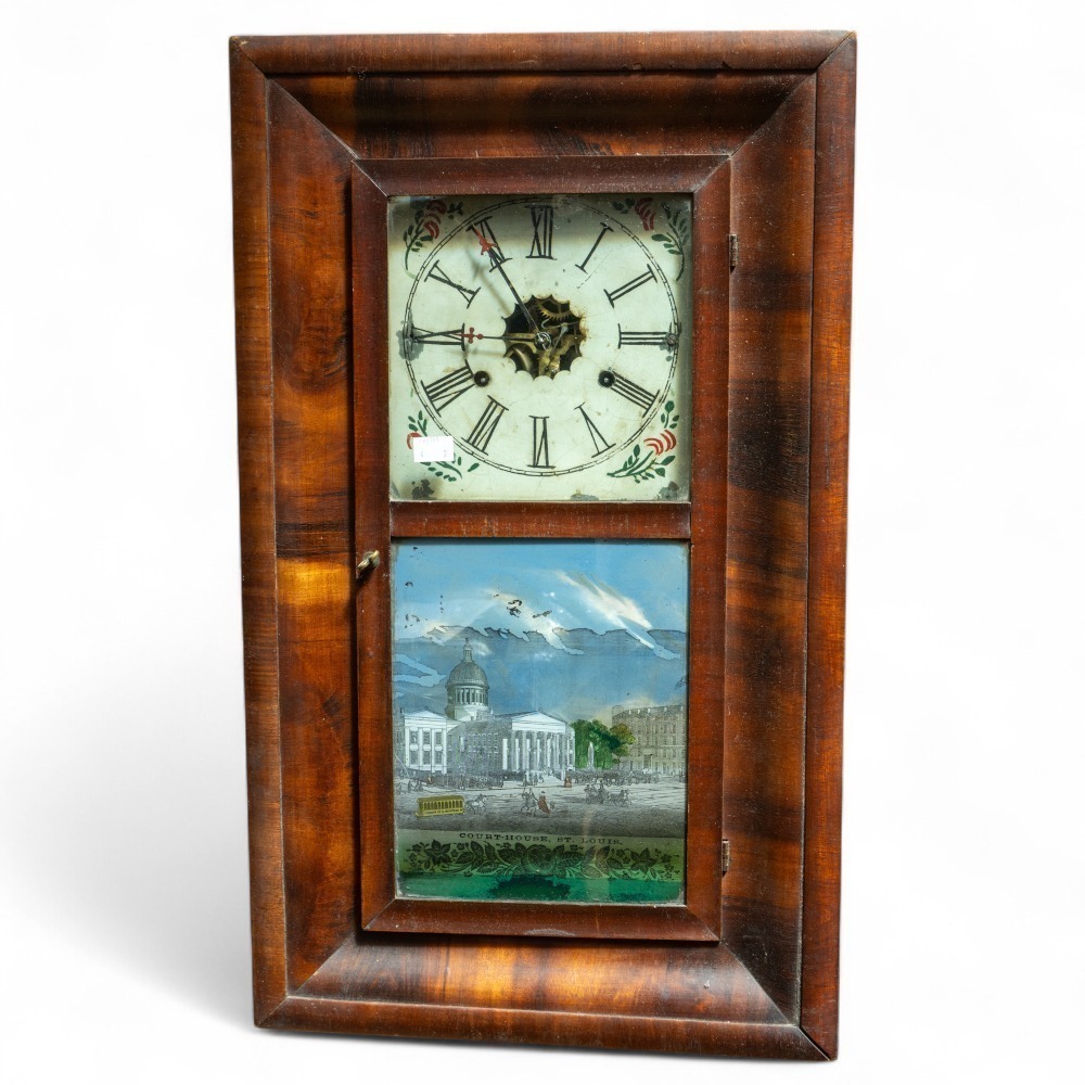 A 19th century inlaid large wall clock, with lower section with urn and ...
