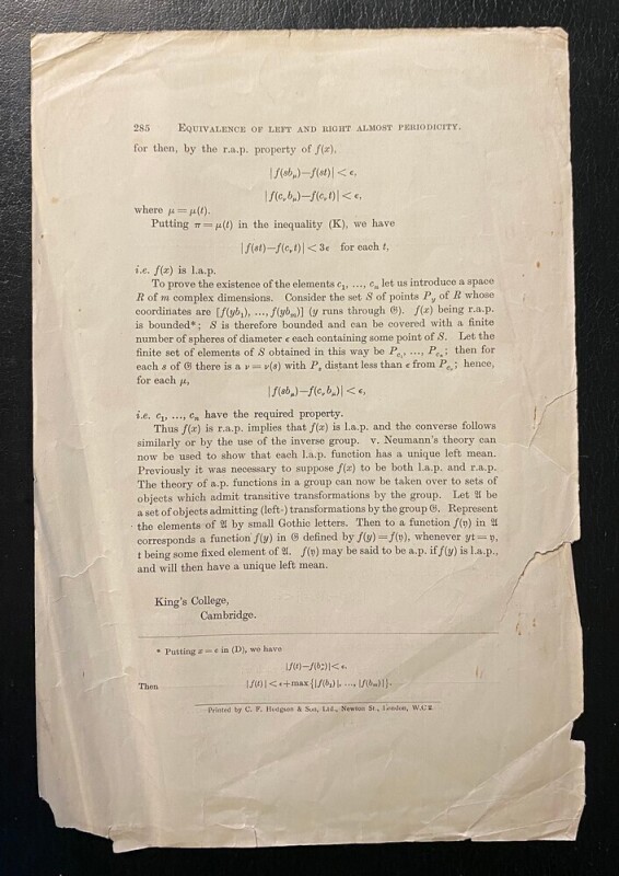 TURING, (Alan). Equivalence of Left and Right Almost Periodicity ...