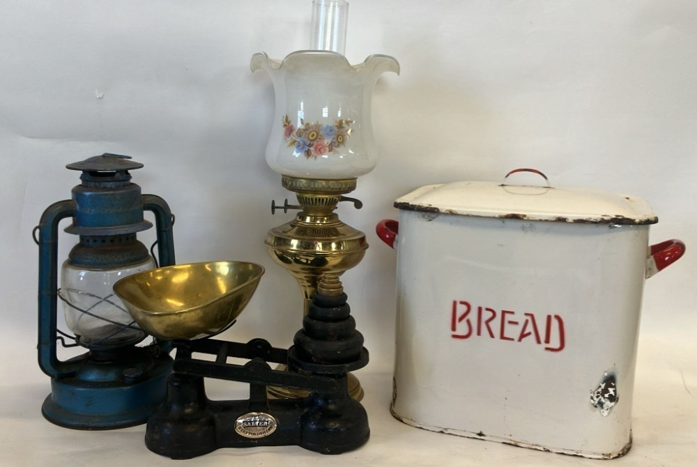 An enamel bread bin and cover, height 31cm together with a brass oil ...