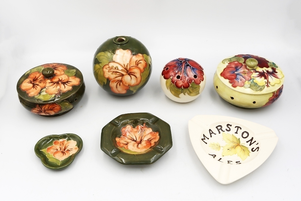 7 pieces of Moorcroft pottery to include 2 unusual versions of the 222 ...