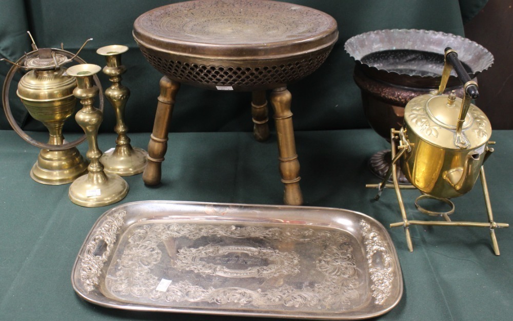 Collection of plated brass and copper items.