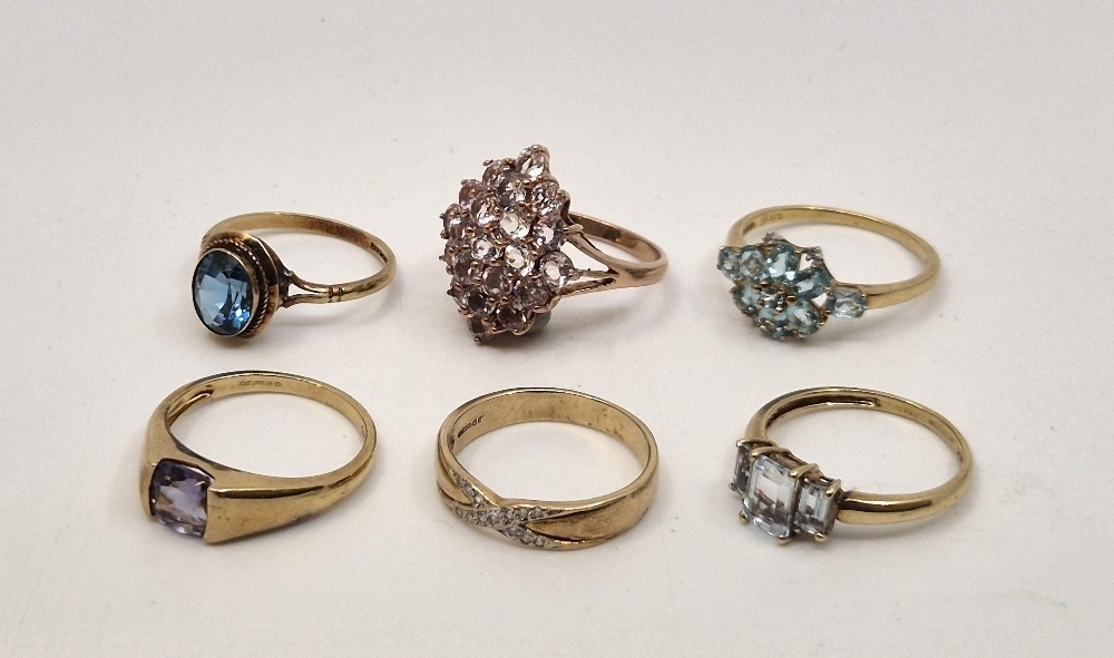 Six various 9ct. gold gem stone set rings, to include; a 9ct. gold and ...