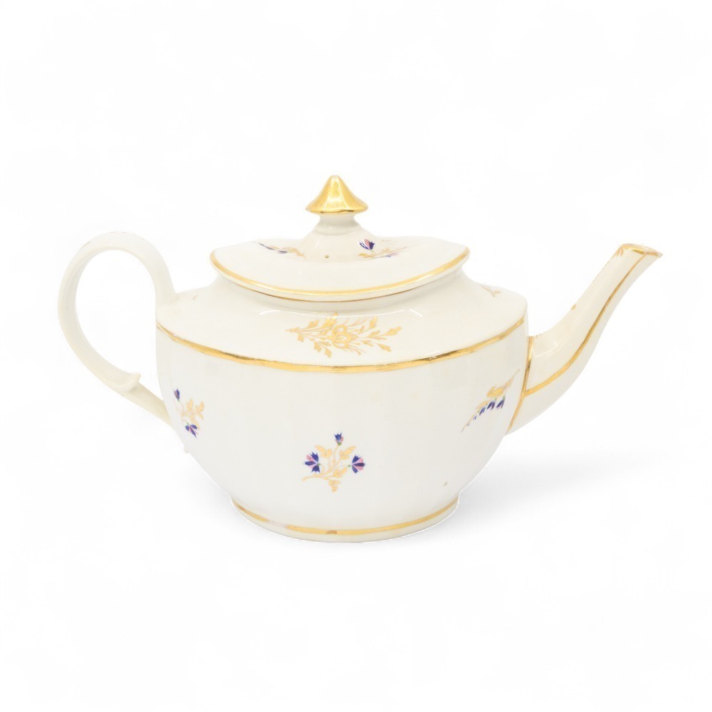 A Pinxton porcelain straight fluted boat shaped teapot and cover ...