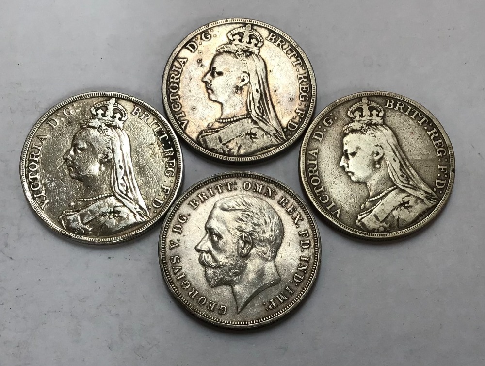 Three Victorian 1889 Crowns with George V 1935 Silver Jubilee Crown.