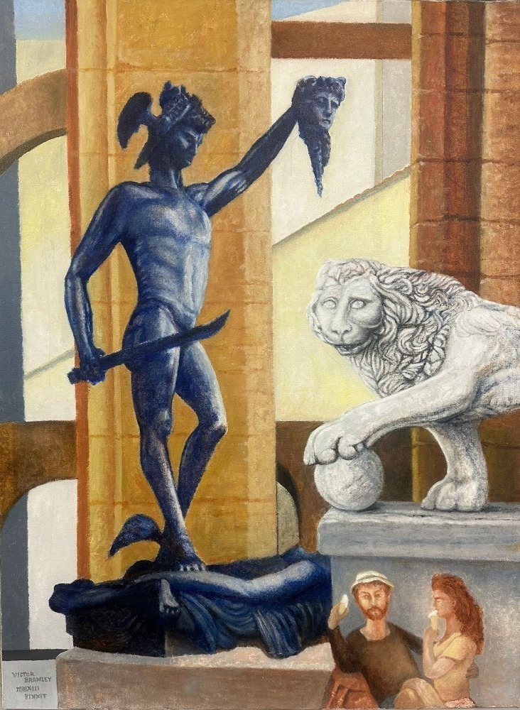 Victor Bramley (1933-2014). Perseus and the Ice Cream Eaters. Oil on ...