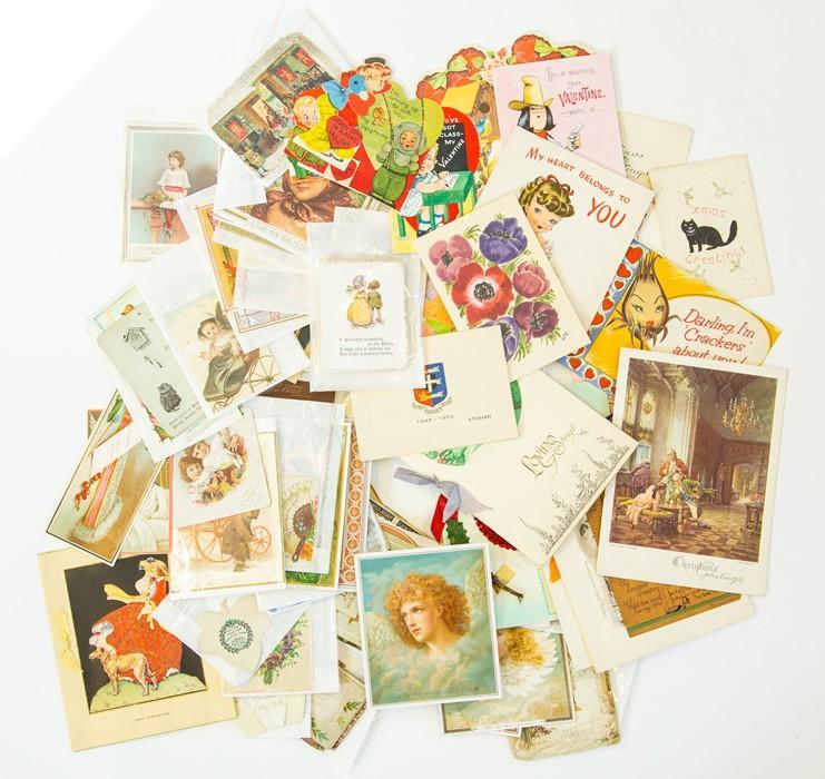 Collection of approximately 100 greetings cards and scraps, mostly ...