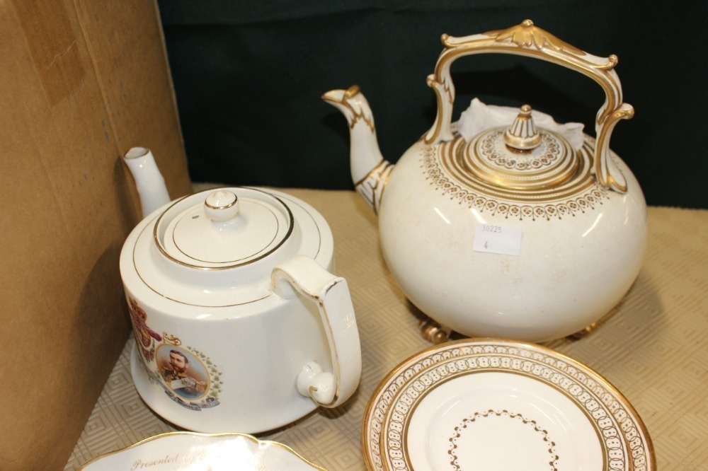 A Victorian part tea service with gilt border, two Commemorative plates ...