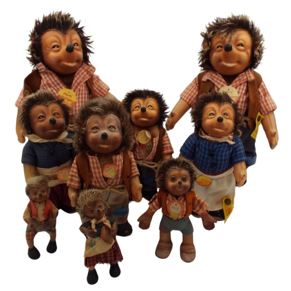 A collection nine Steiff Micki & Mecki family hedgehogs, vinyl faces ...