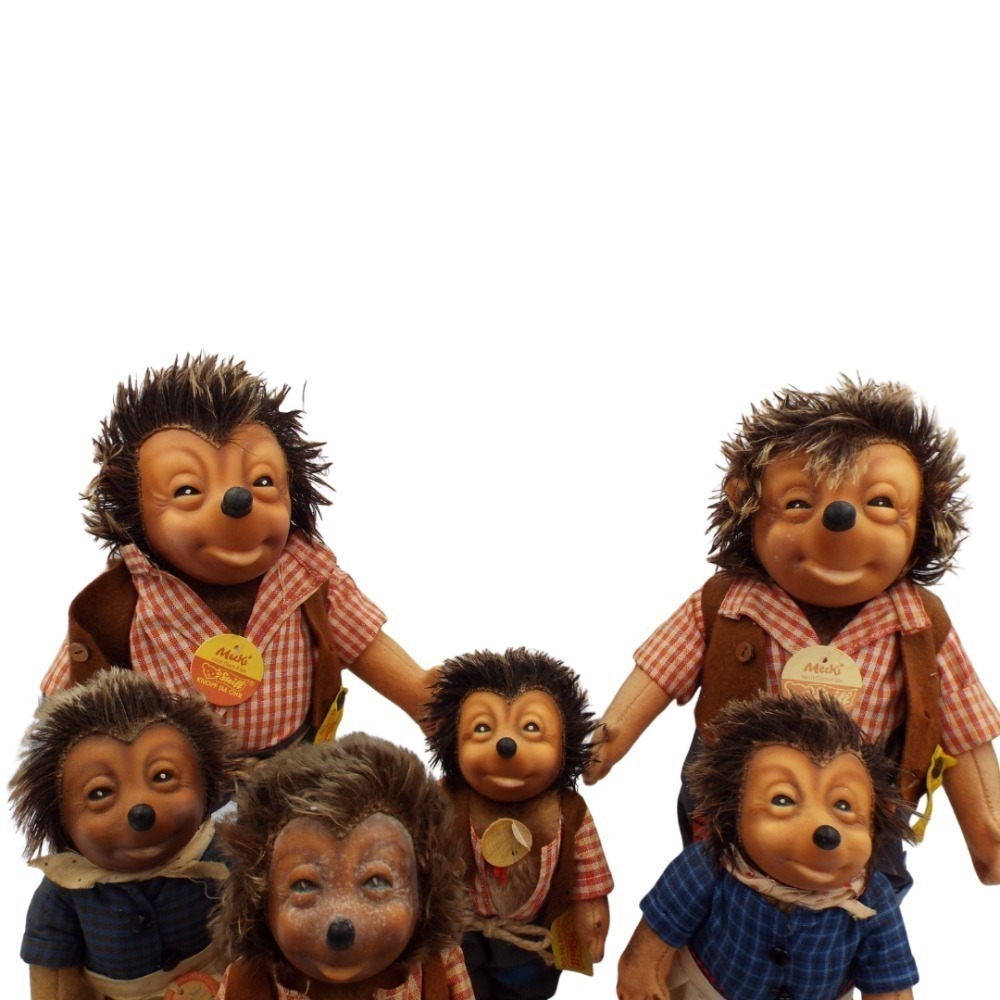 A collection nine Steiff Micki & Mecki family hedgehogs, vinyl faces ...