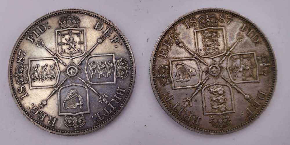Two Victorian Double Florins dated 1887, 45g gross approx.