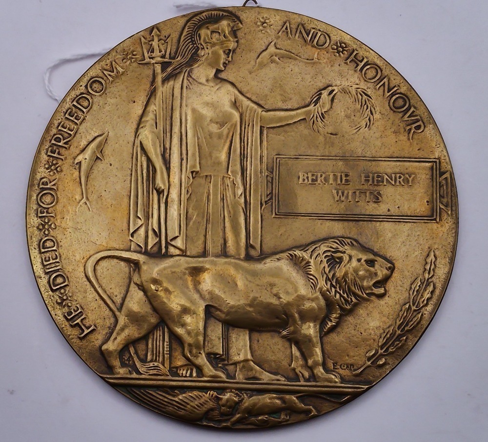 A World War I death penny/plaque awarded to CPL36849 Bertie Henry Witts ...