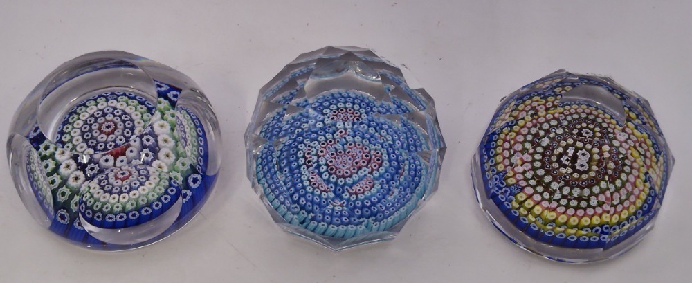 Three Millefiore glass paperweights including two Whitefriars faceted ...