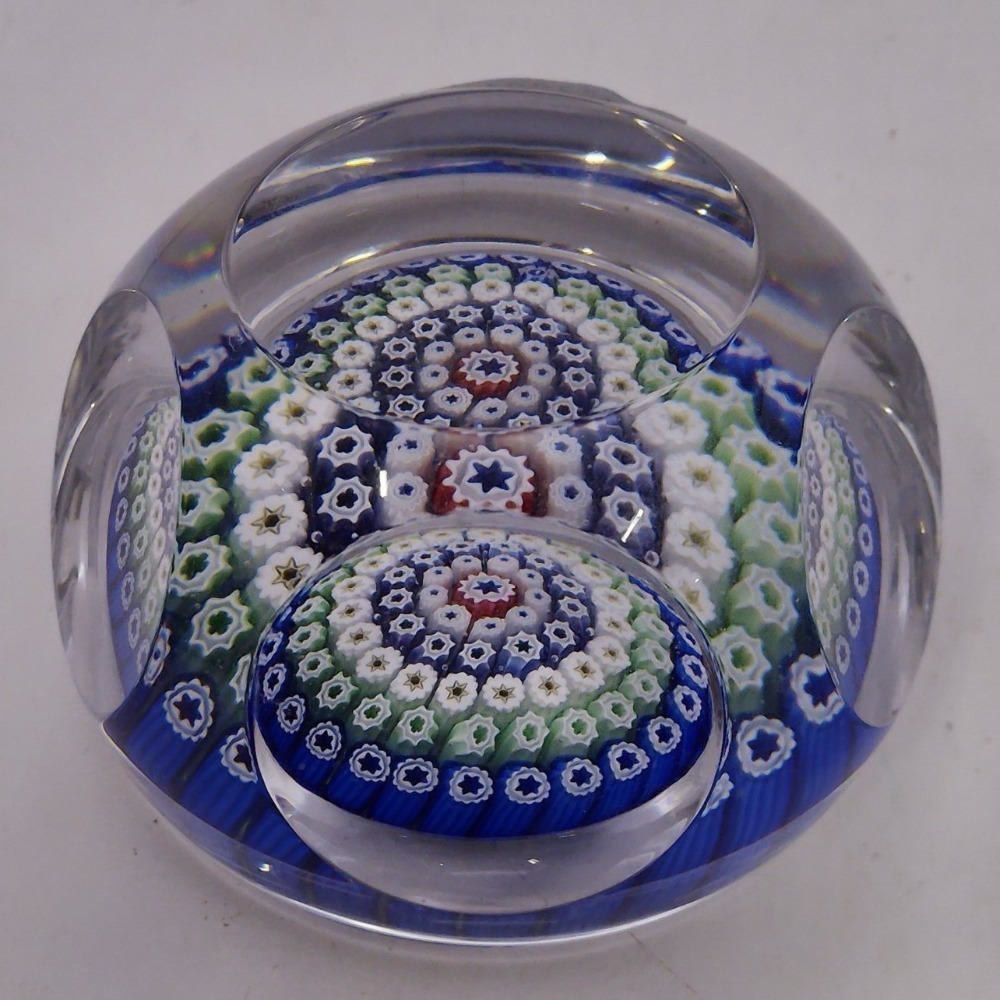 Three Millefiore glass paperweights including two Whitefriars faceted ...