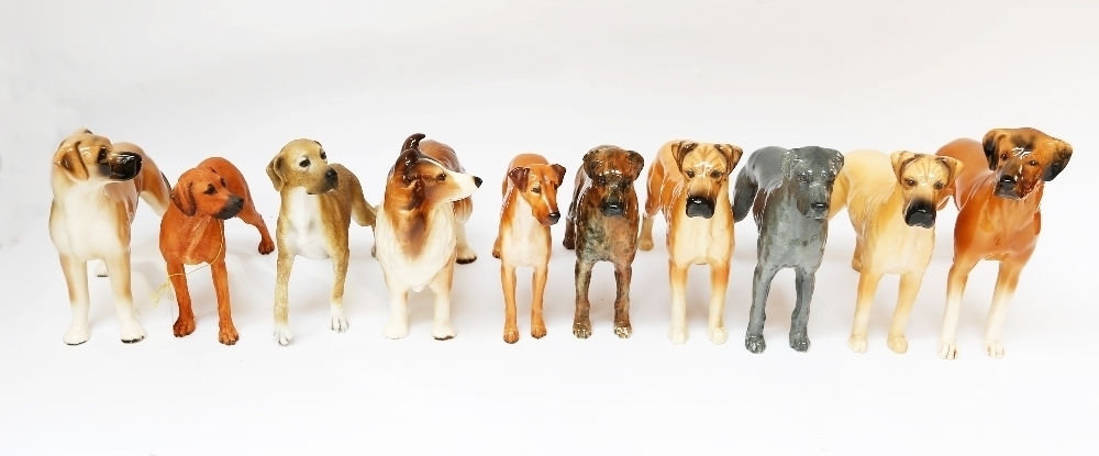 A collection of porcelain great Danes of different Staffordshire ...