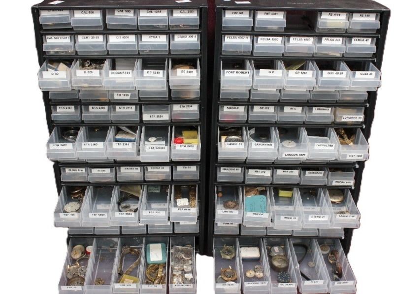 Horology interest:- Four drawer work top watch part cabinet to include ...
