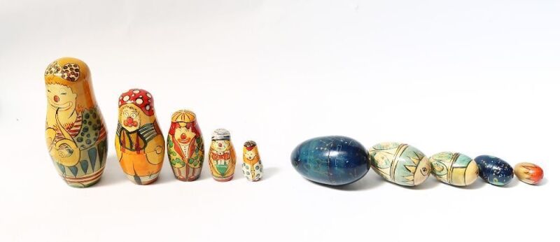 A collection of silver plated wares, pewter ware, Russian dolls, two ...