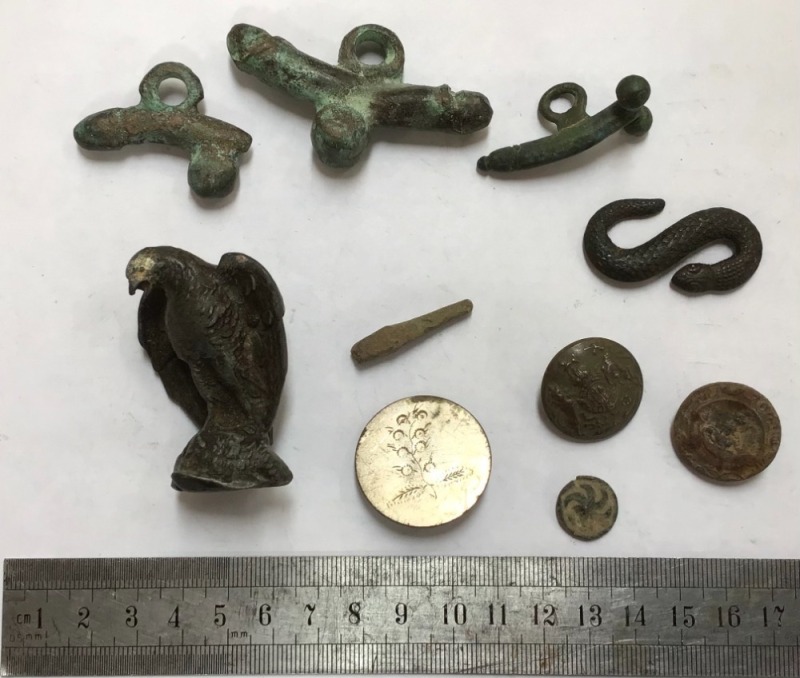 Collection of Metal Detector found items, including Three Roman style ...