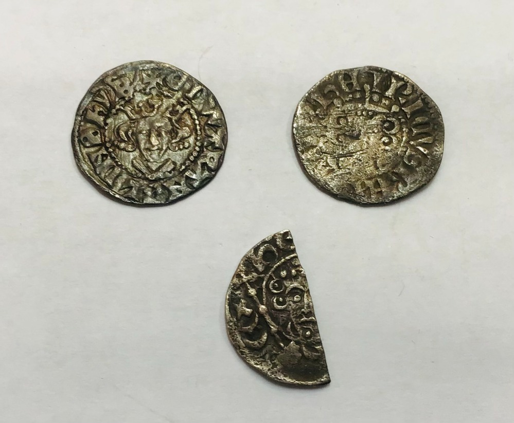 Three Hammered Medieval Coins, King John cut half penny of scares ...