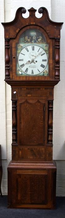 A 19th century oak and mahogany longcase clock, the arced dial painted ...