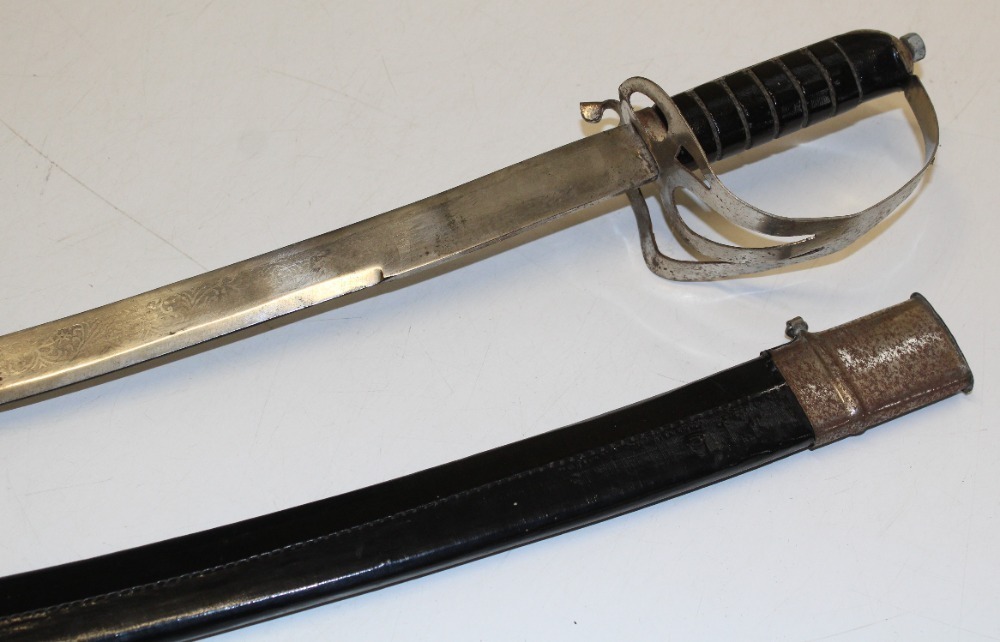 A reproduction Indian sabre in stitched leather scabbard. Total length 98cm