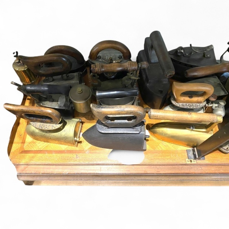 Collection of 20 various charcoal and gas irons. To include iron and ...
