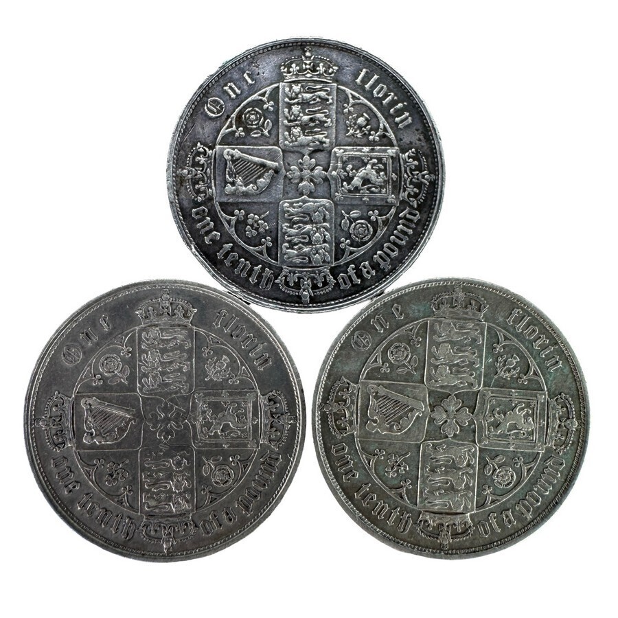 Three Victorian silver Gothic Florins; 1856, 1877 and 1878 all about VF
