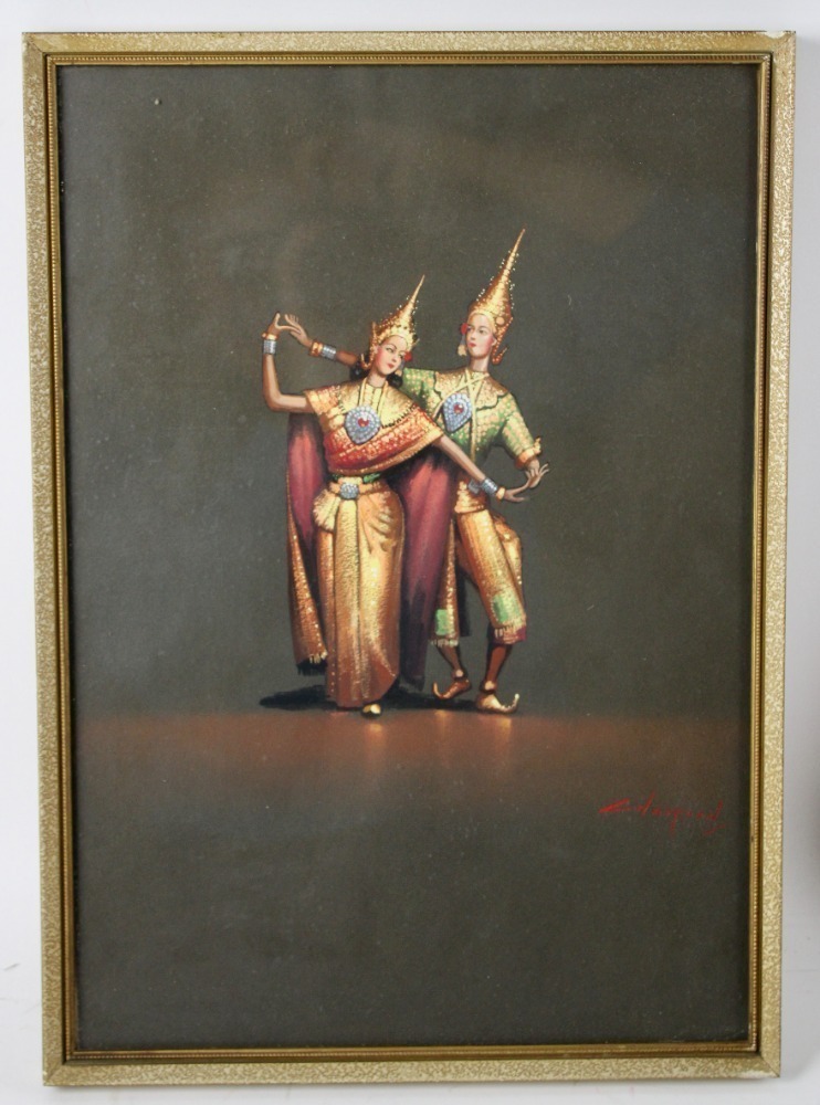 A pair of vintage Thai Gouache Paintings, depicting dancers in ...