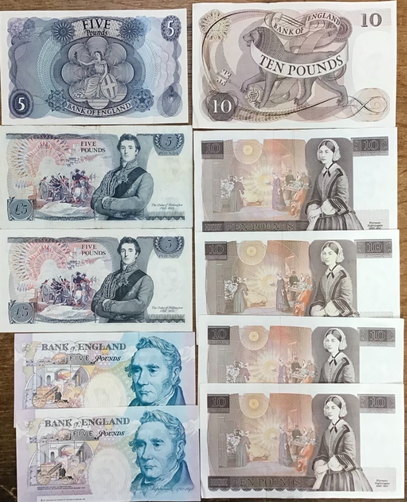 Bank of England £5 and £10 notes including Hollom £10 Prefix A15, Four ...