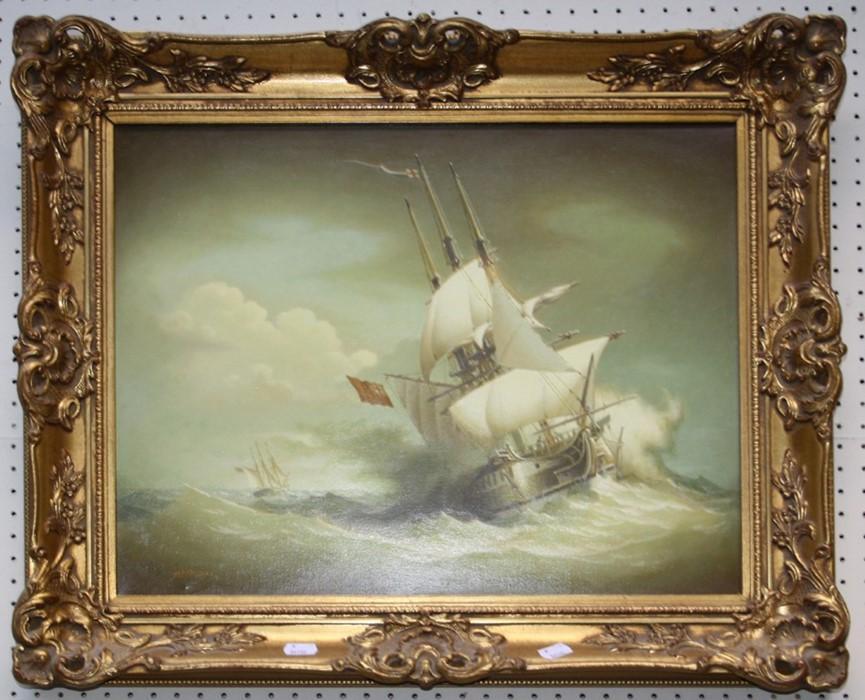 R.H.Dean (20th century), 36 gun warship HMS Naird in heavy seas. Oil on ...